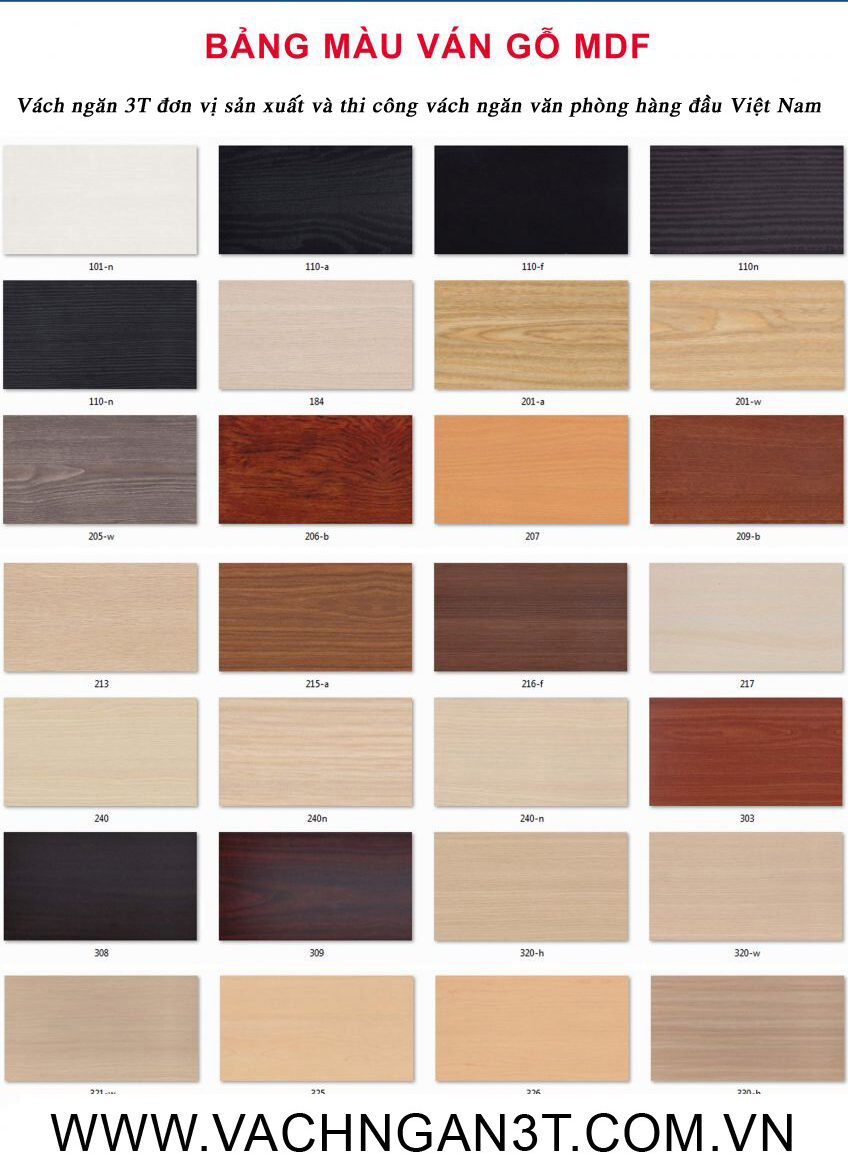 Bảng màu gỗ MDF vân gỗ và đơn sắc cho vách ngăn văn phòng 3T - Vách Ngăn 3T
